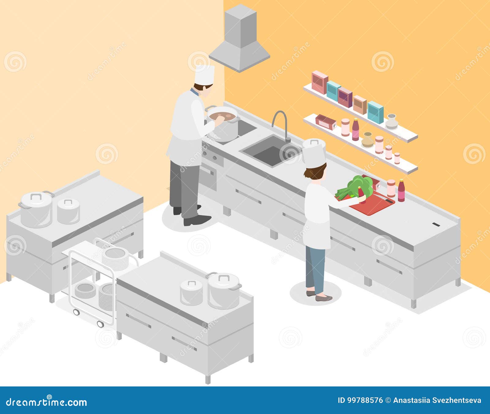 Isometric Flat 3D Interior of Professional Restaurant Kitchen Stock ...