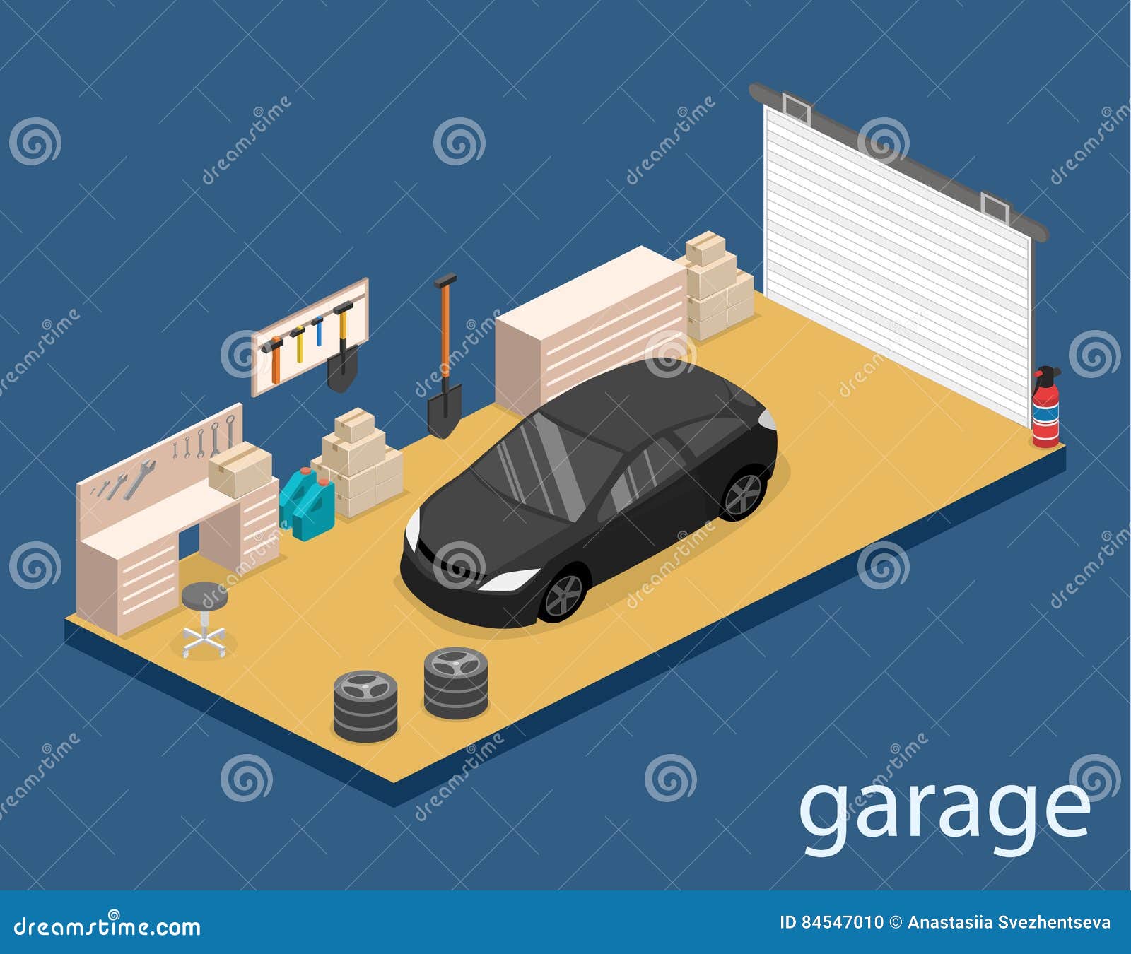 Isometric Flat 3D Interior Working Place in Garage. Stock Illustration ...