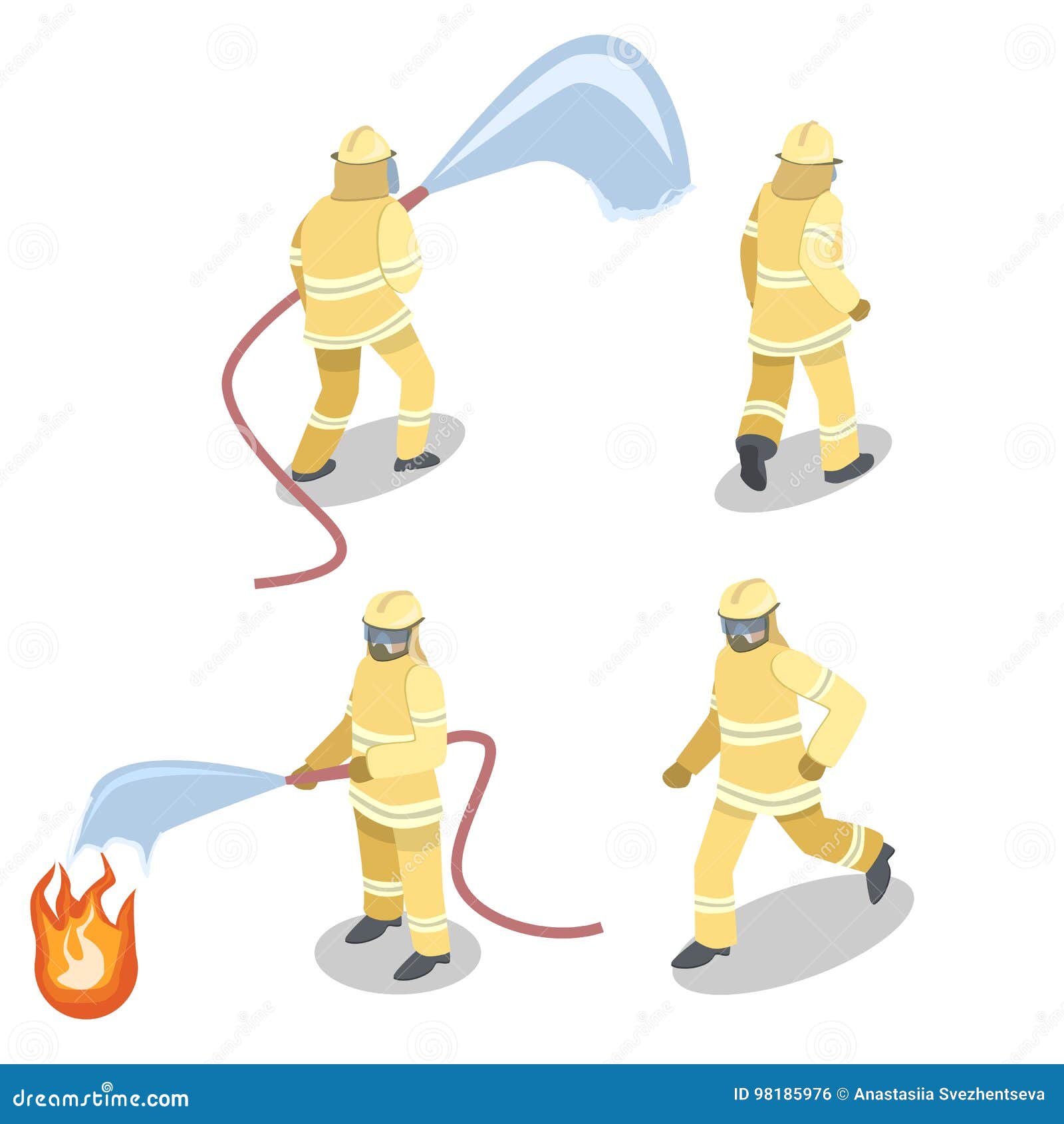 Isometric Flat 3D Isolated Cutaway Firefighters in Action. Stock ...