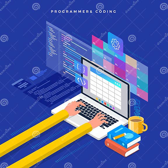 Isometric Flat Design Concept Programmer and Coding. Vector Illustration. Website Layout Design ...