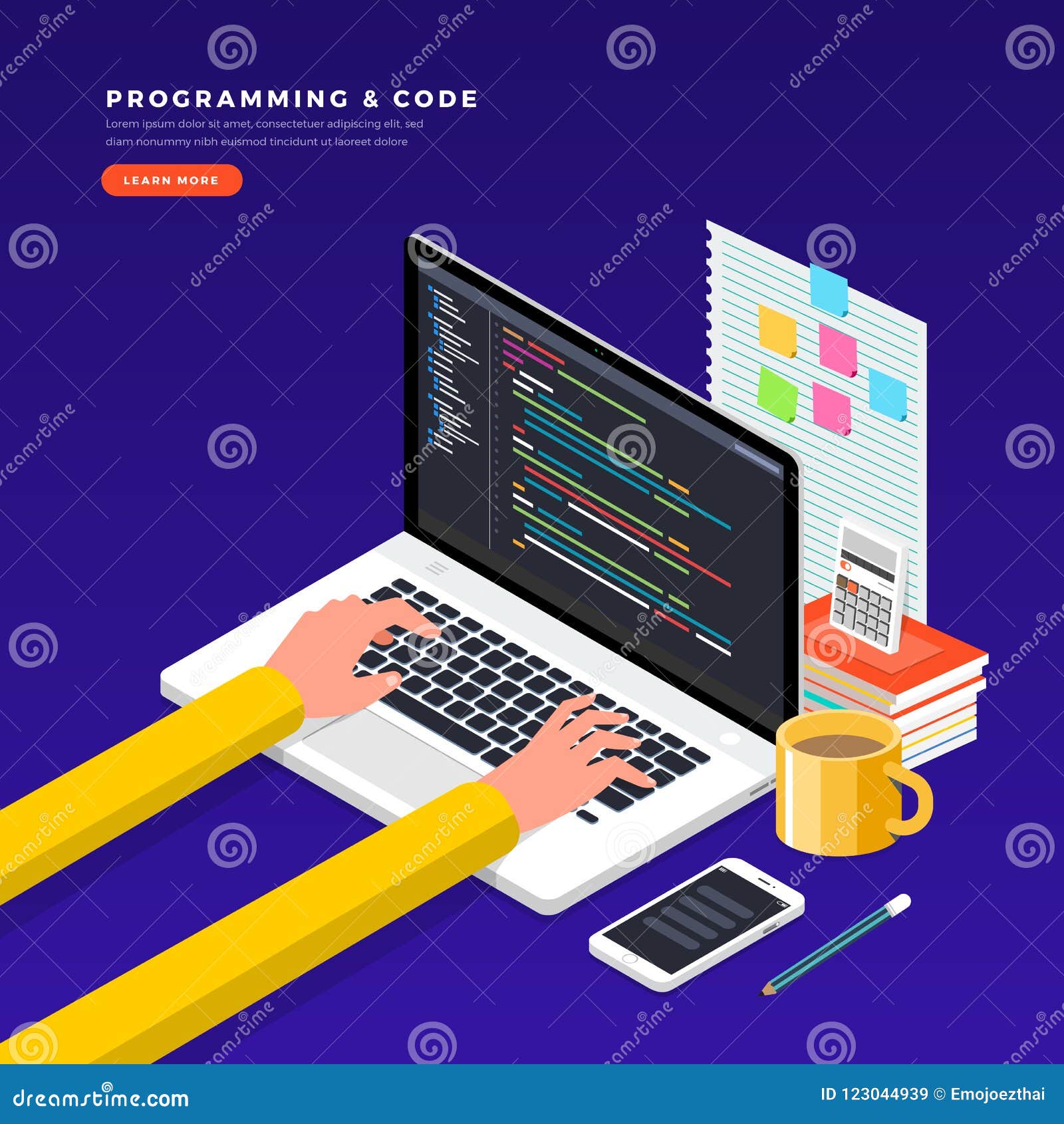 Isometric Flat Design Concept Programmer and Coding. Vector Illustration. Website Layout Design ...