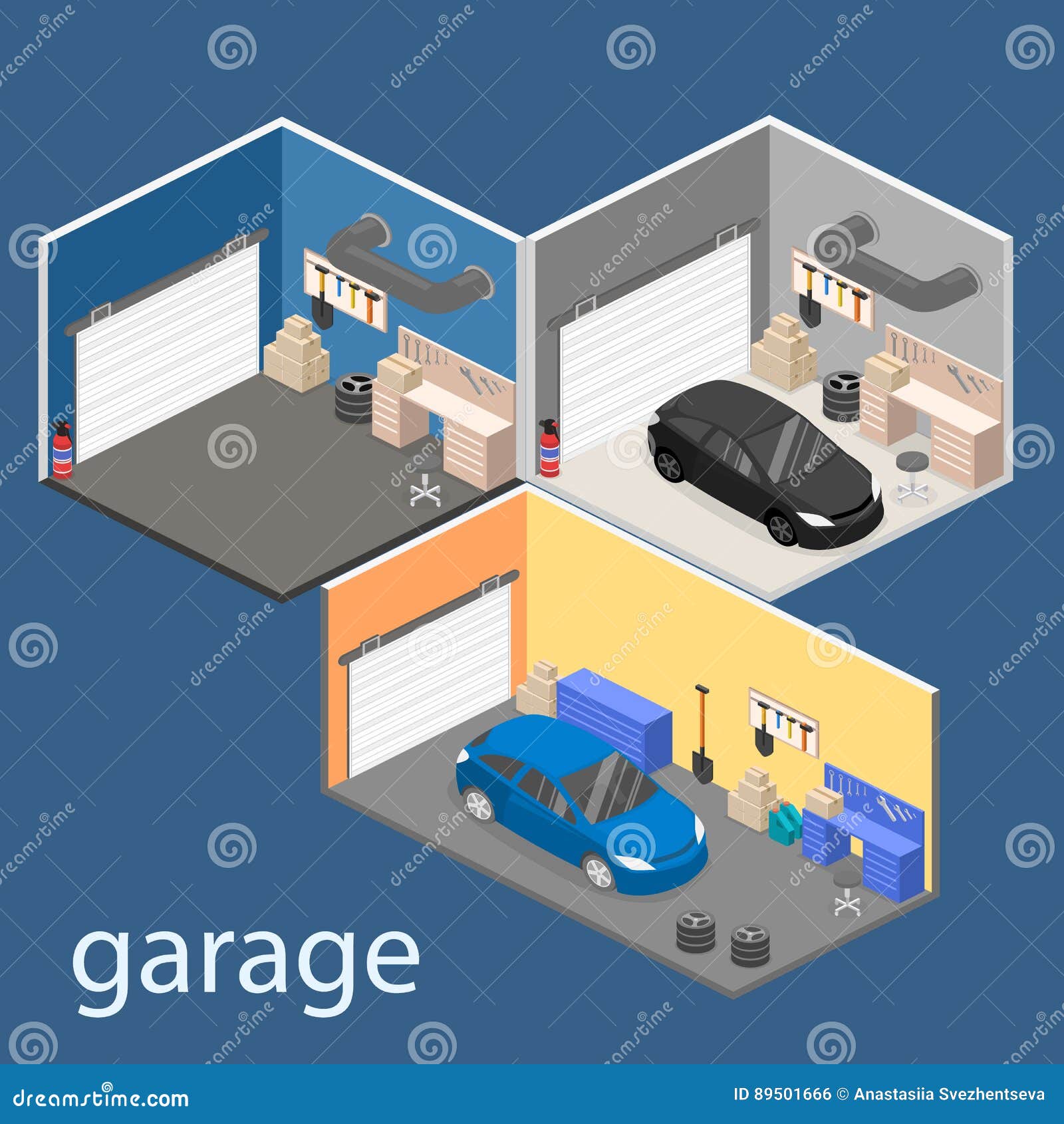 Isometric Flat 3Dinterior Working Place with Tools in Garage. Stock ...