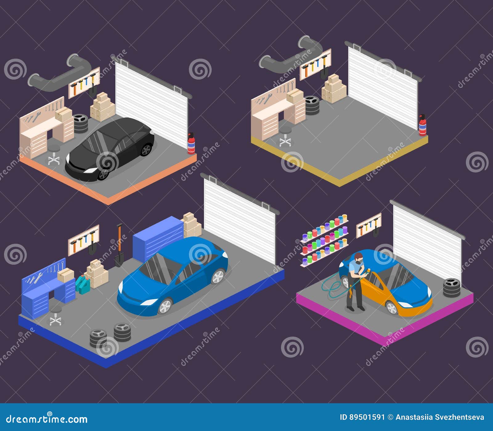 Isometric Flat 3Dinterior Working Place with Tools in Garage. Stock ...