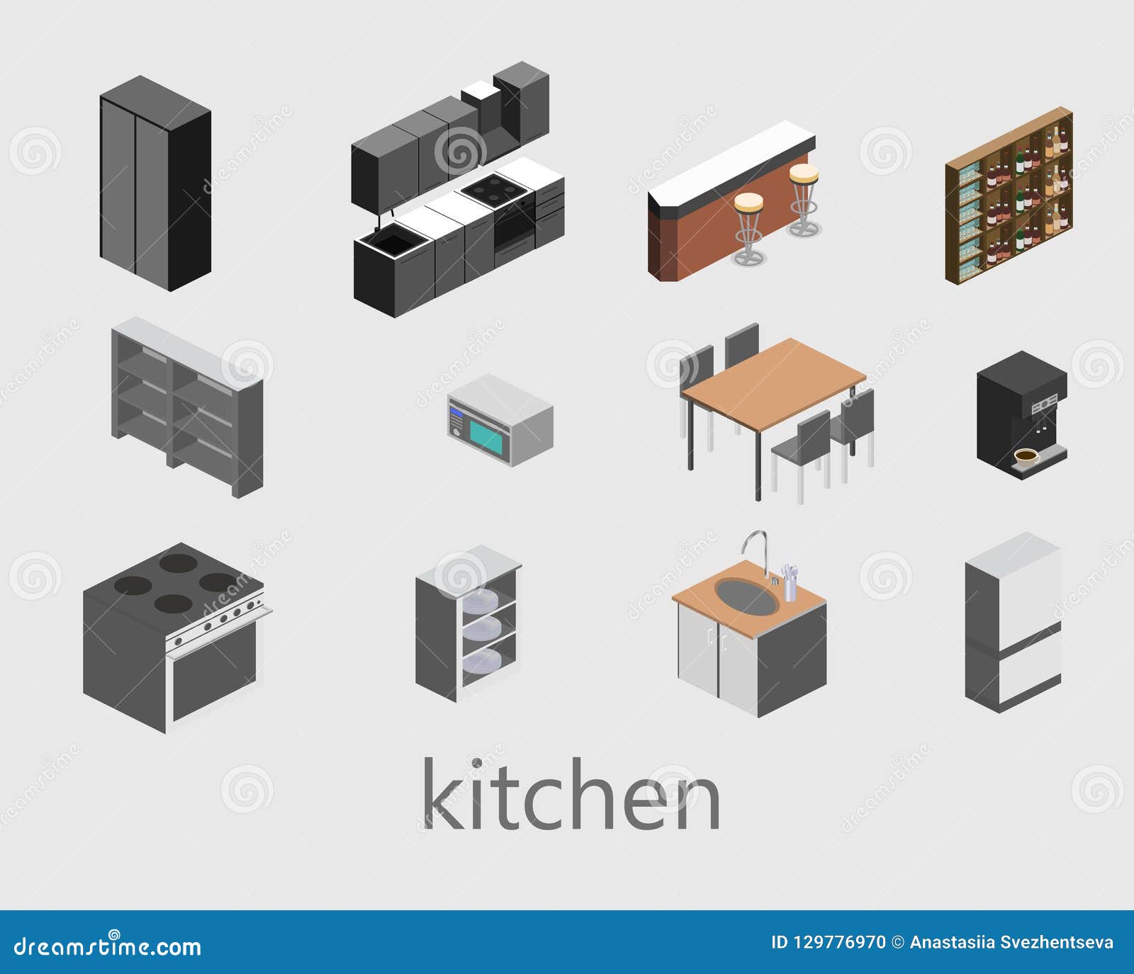 Isometric Flat Isolated Concept Vector Cutaway Interior of Kitchen ...