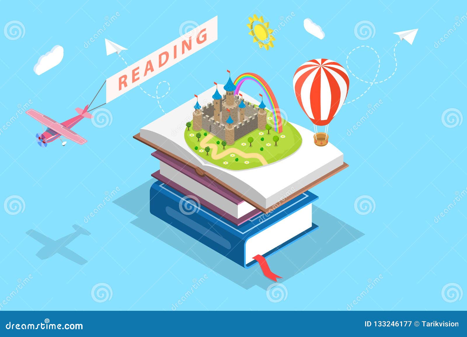 Isometric Flat Vector Concept of Child Reading, Imagination. Stock ...