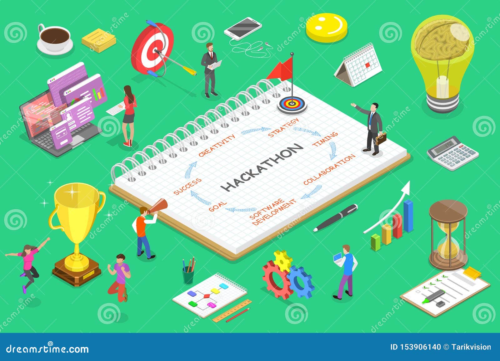 Isometric Flat Vector Concept Of Parts Of Hackathon Stock Vector