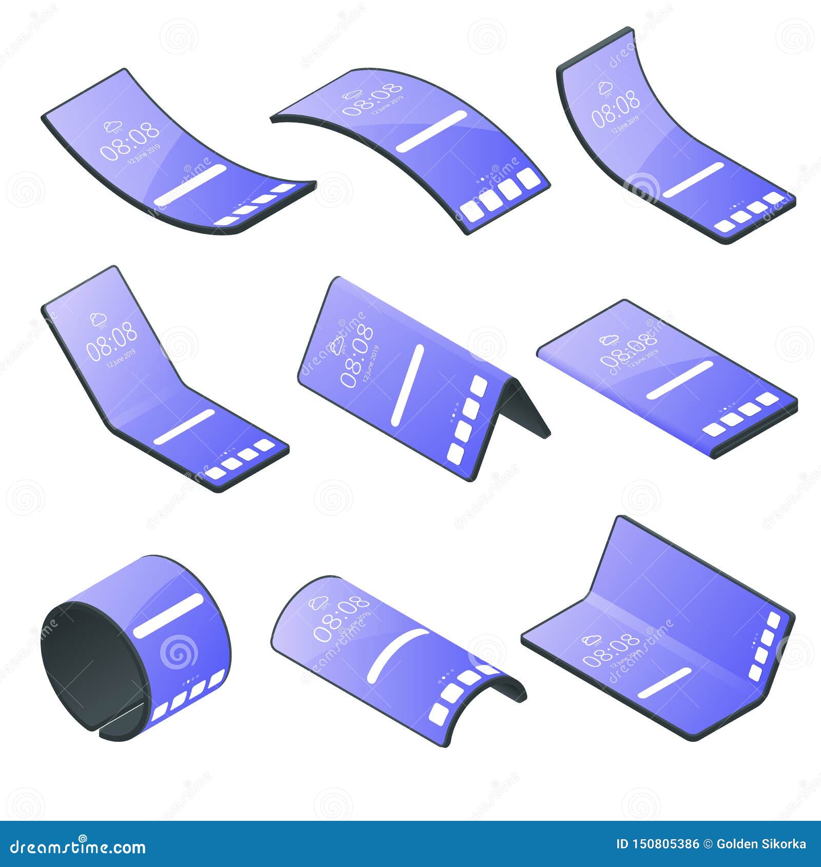 Isometric A Flexible Display Is An Electronic Visual Display. Set Of ...