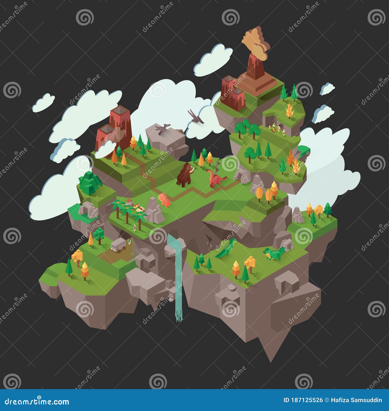 Isometric Floating Prehistoric Island. Vector Illustration Decorative ...