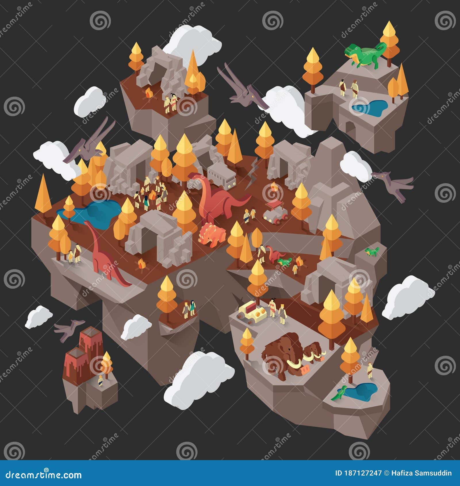 Isometric Floating Prehistoric Island. Vector Illustration Decorative ...