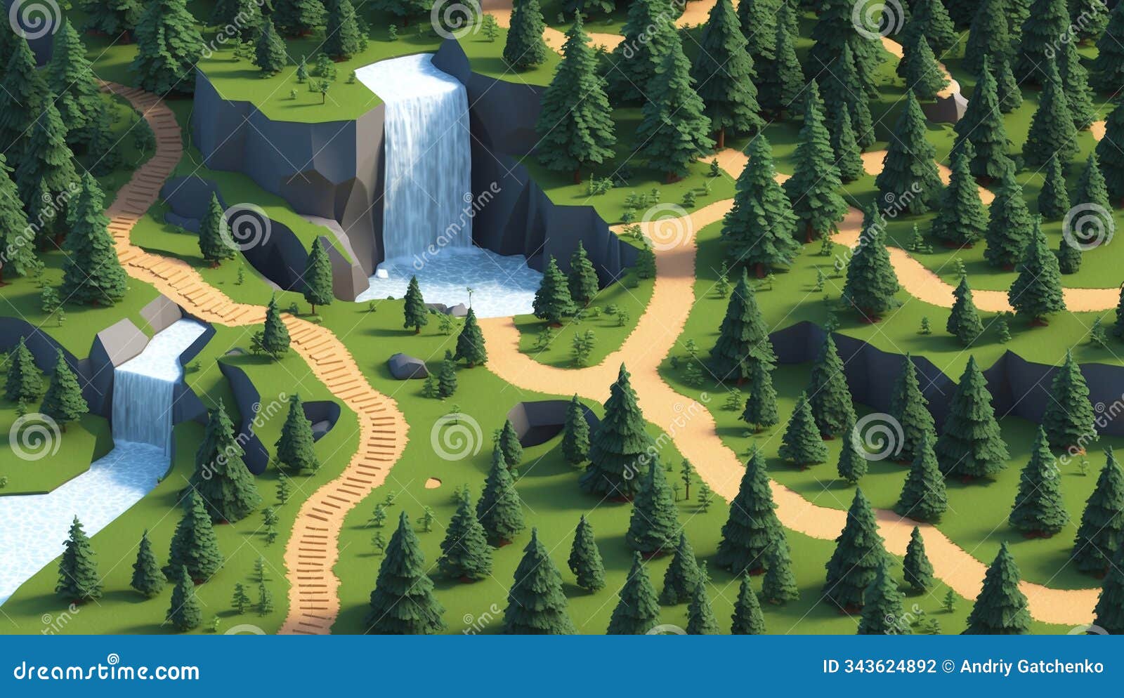 Isometric Forest Landscape with Hiking Trails and a Waterfall Stock ...