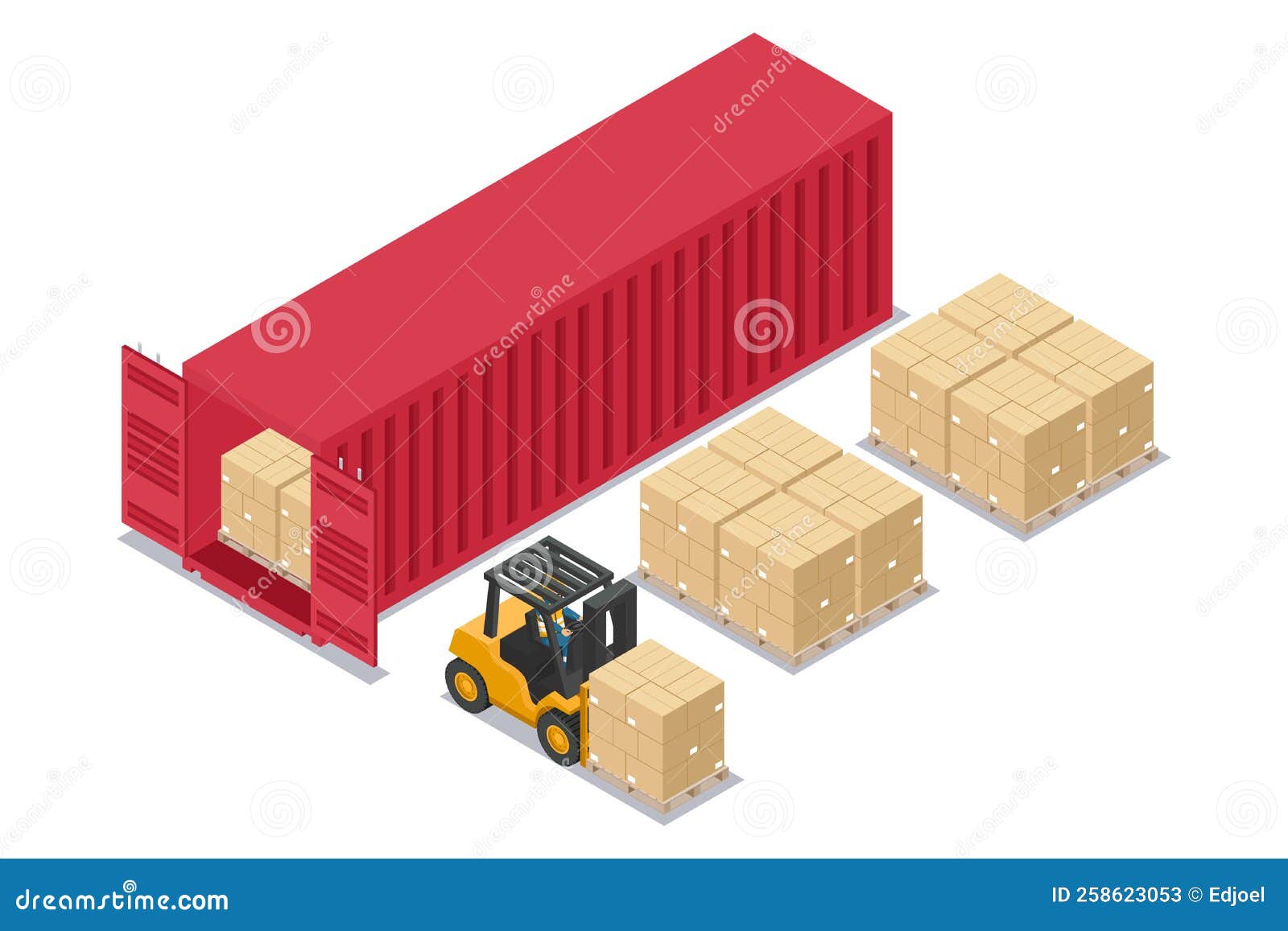 Isometric Forklift Unloading Stacked Boxes on Pallet from Red Container ...