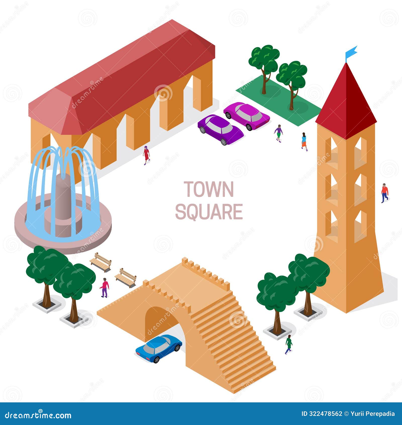 Isometric Frame with Town Square Buildings, Trees, Cars and People. Set ...