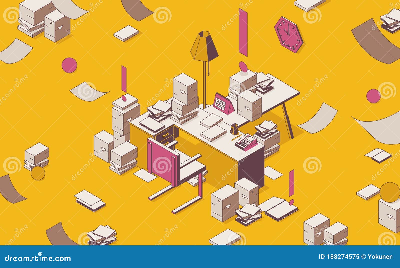Isometric Full Color Outline Mess On The Table, Documents Lying Around ...