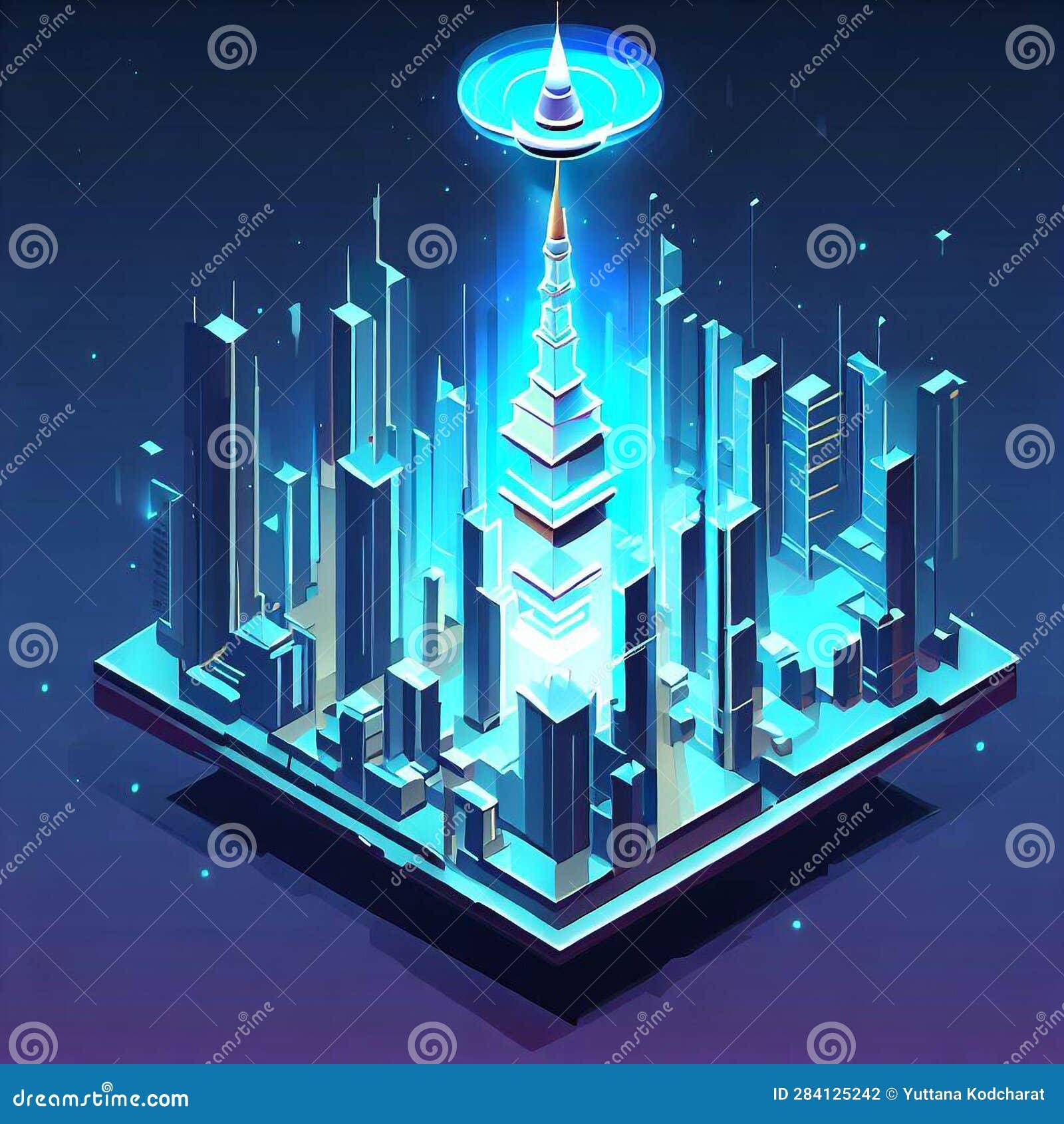 Isometric Future Town Water Color Stock Illustration - Illustration of ...