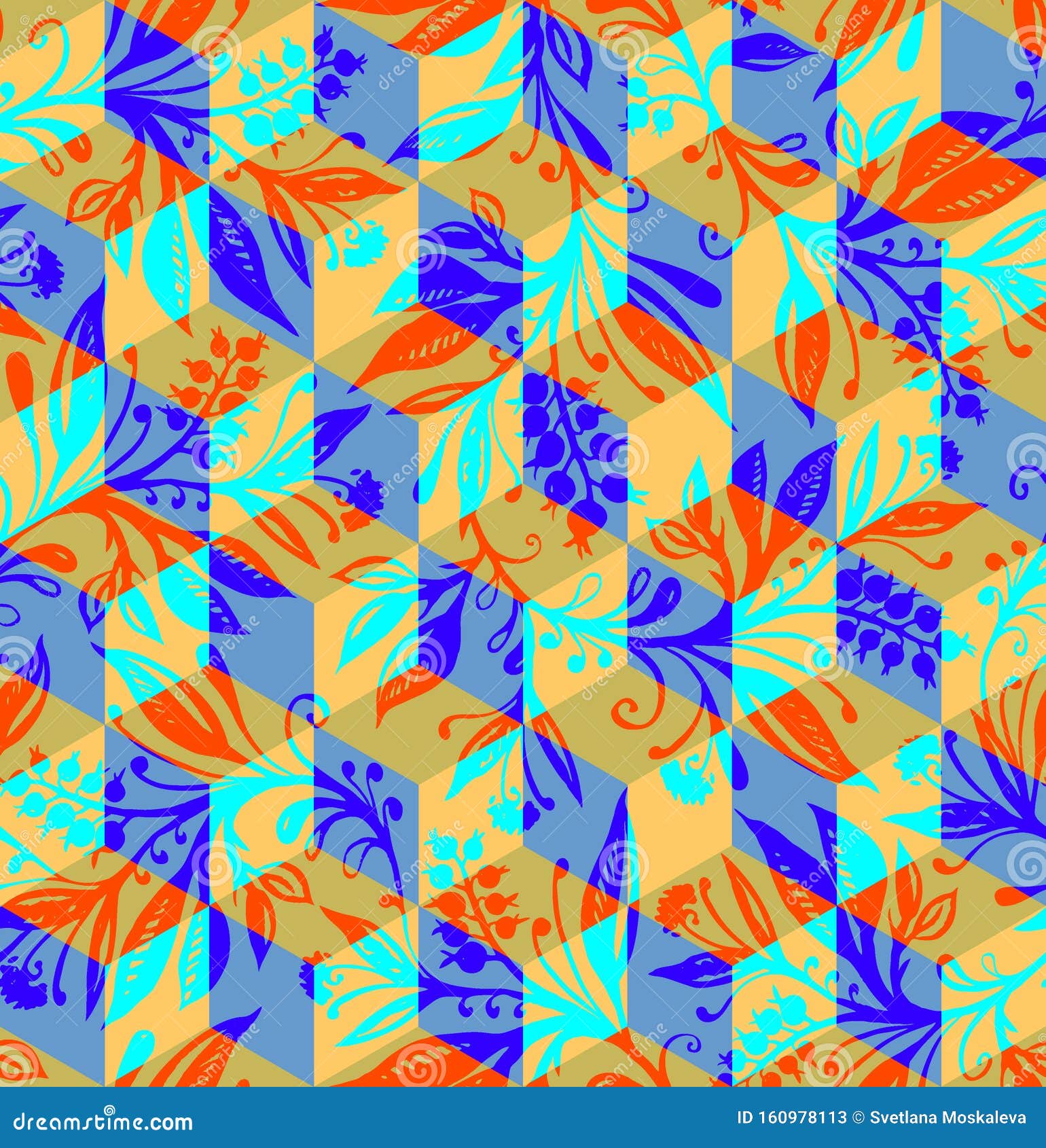 Isometric Geometric Seamless Pattern with Overlay of Floral Pattern ...