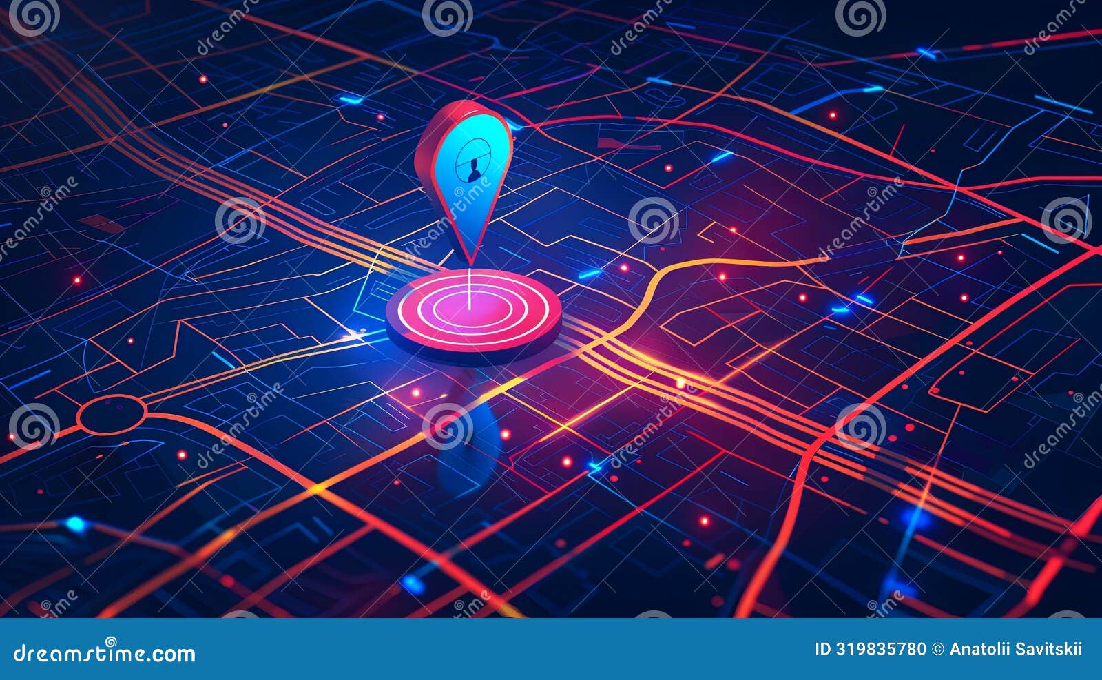 Isometric GPS Map with Red and Blue Pins Indicating Locations. Abstract ...