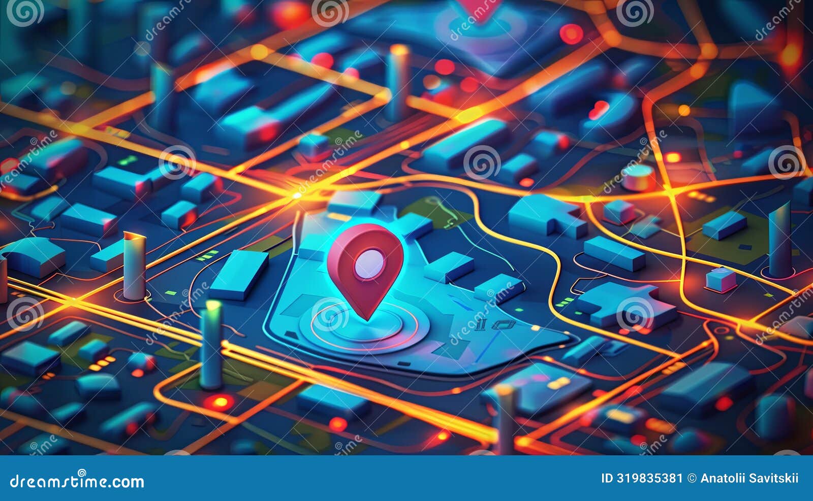 Isometric GPS Map with a Red Pin Marker Representing Destination ...