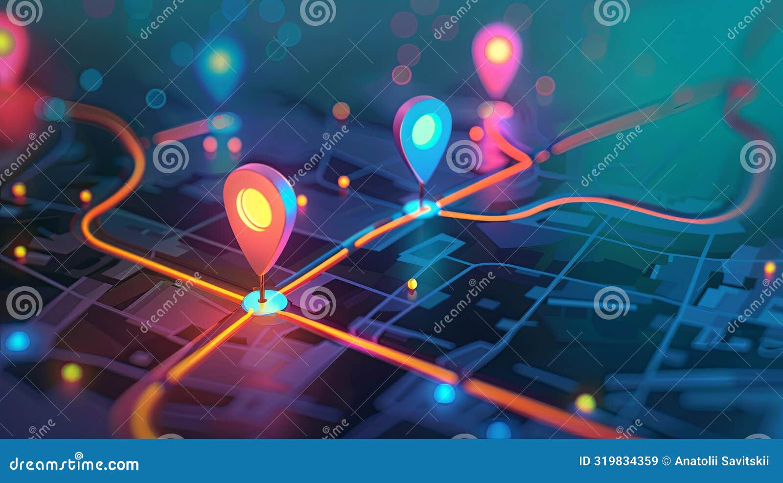 Isometric GPS Tracking Map with Multiple Pins Marking Destinations ...