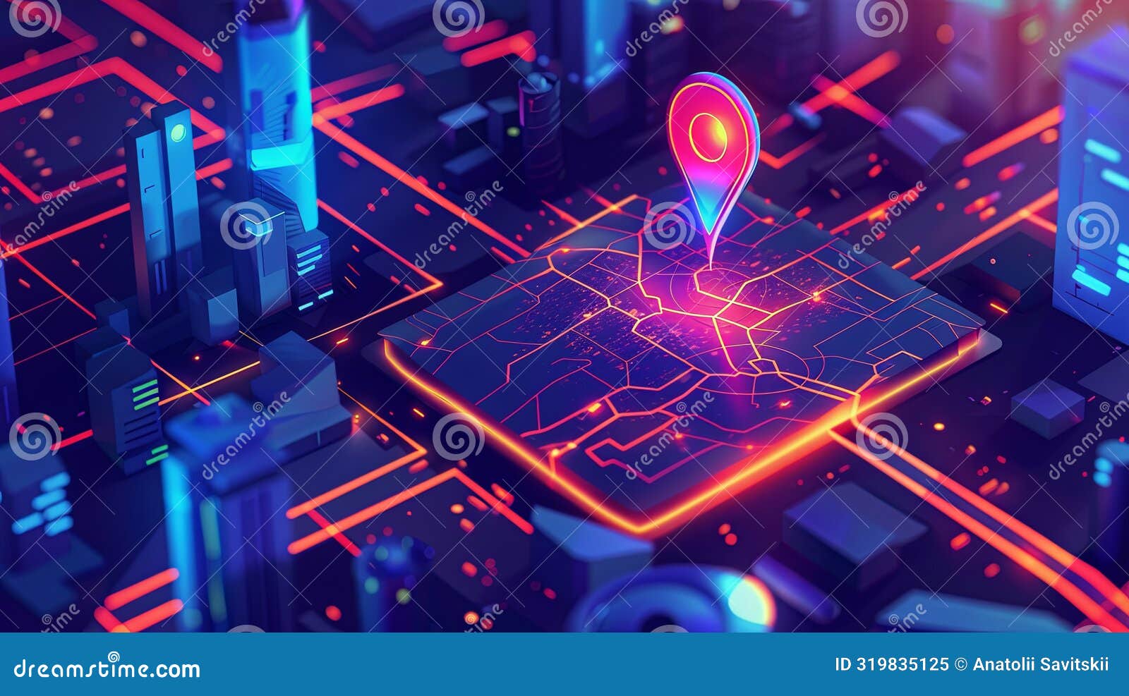Isometric GPS Tracking Map with a Pin in the Middle, Showing Navigation ...