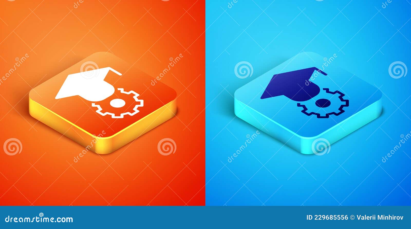 Isometric Graduation Cap Icon Isolated on Orange and Blue Background ...