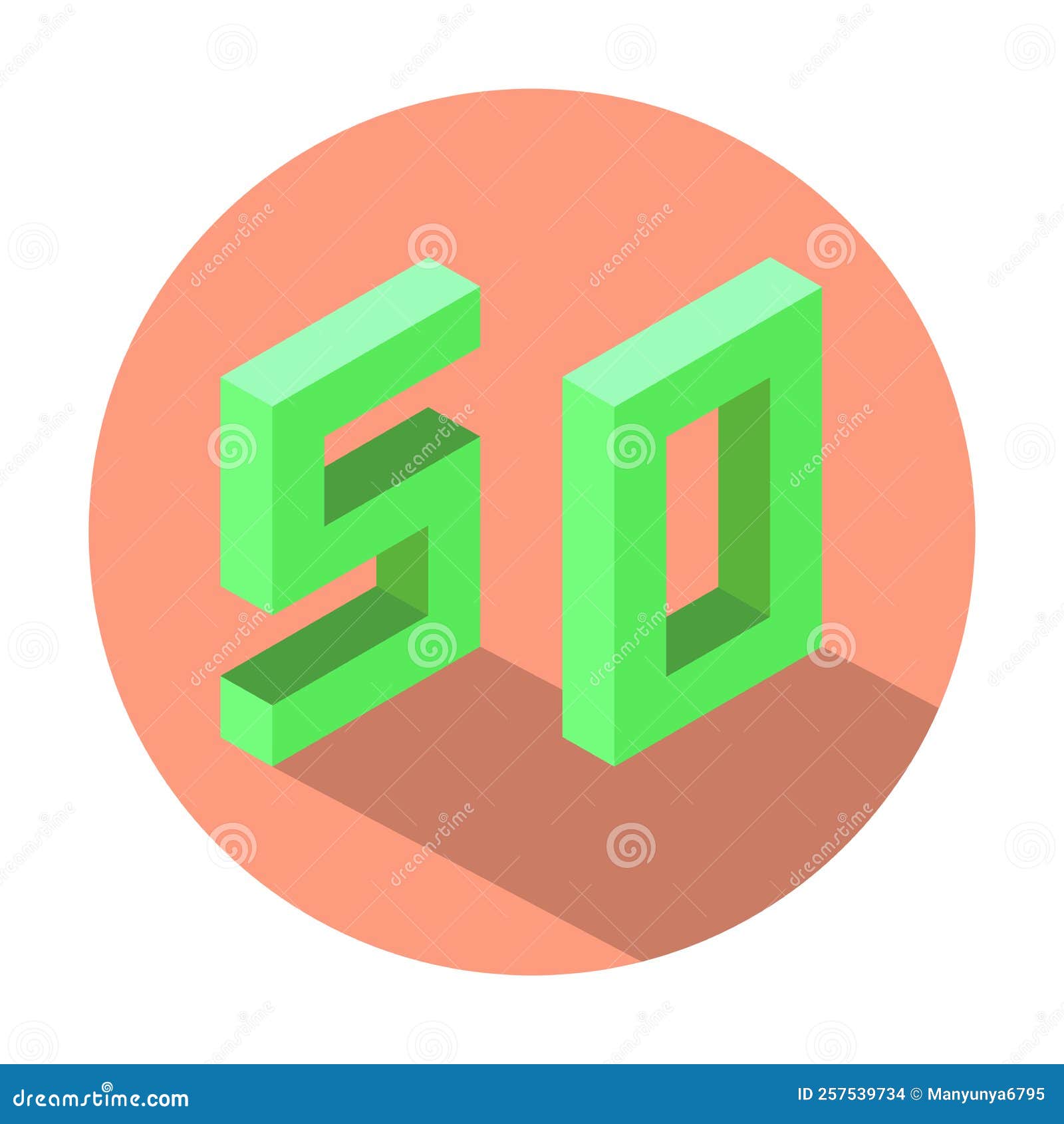 Isometric Green Number 50 with Shadow in Light Salmon Color Circle ...
