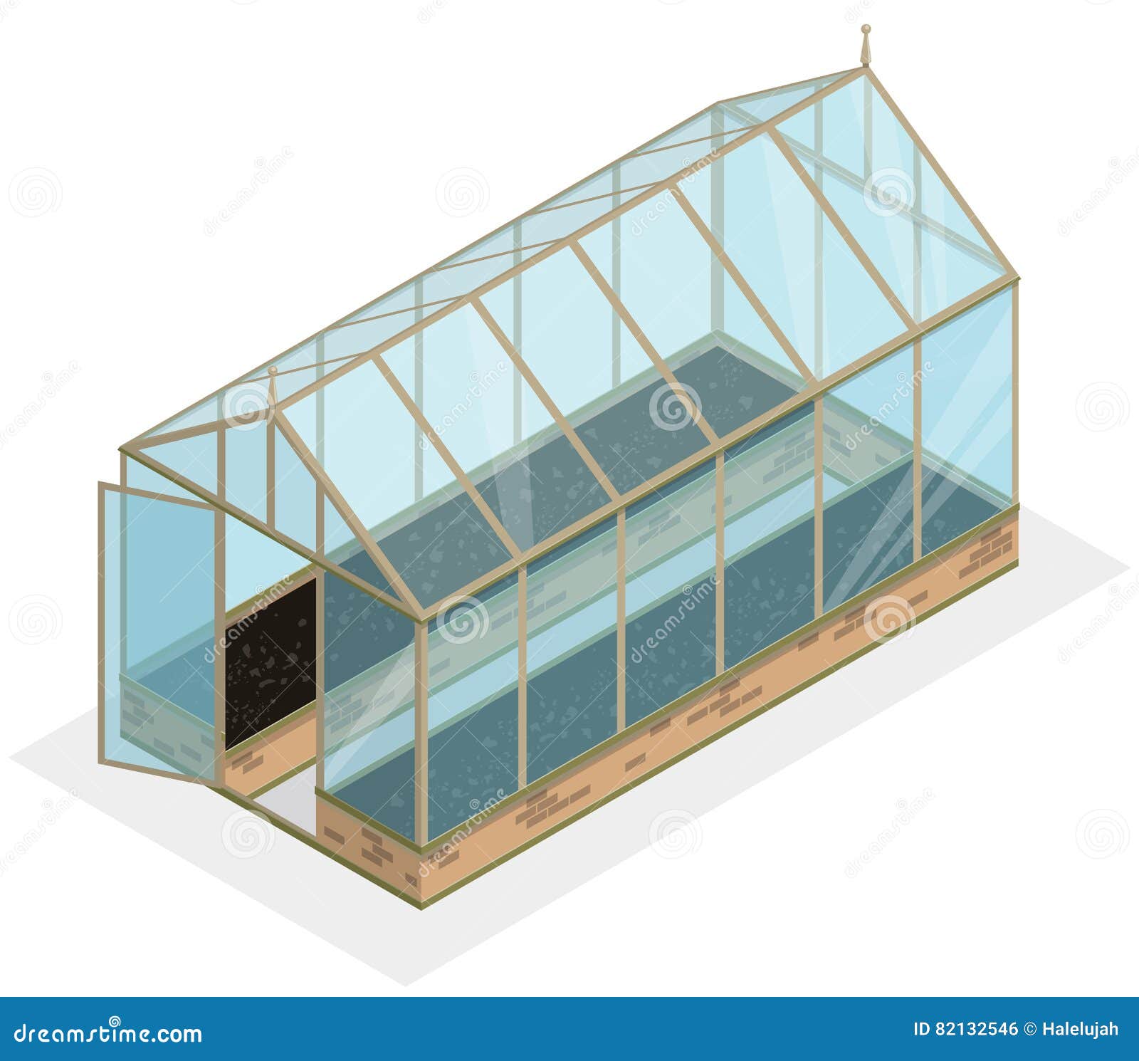 Isometric Greenhouse With Glass Walls Foundations Gable Roof Garden Bed Stock Vector