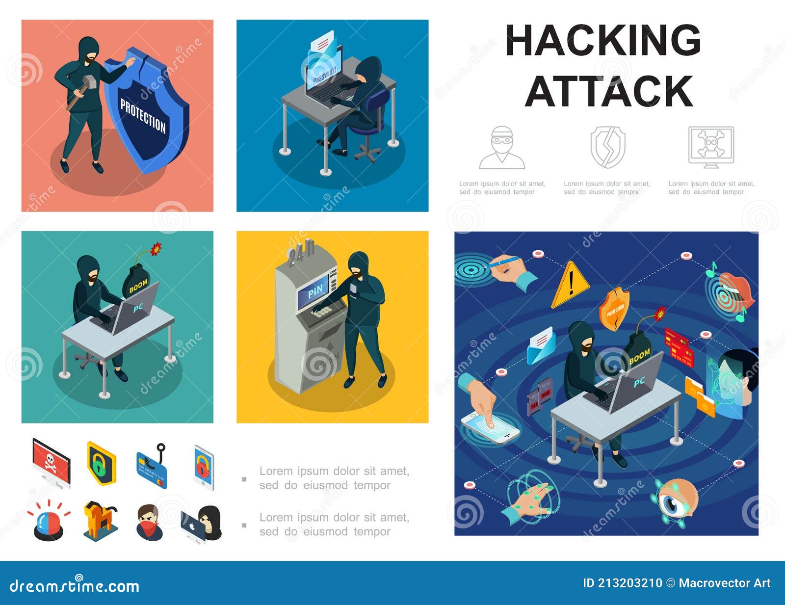 Isometric Hacker Activity Infographic Template Stock Vector - Illustration of protection, data ...