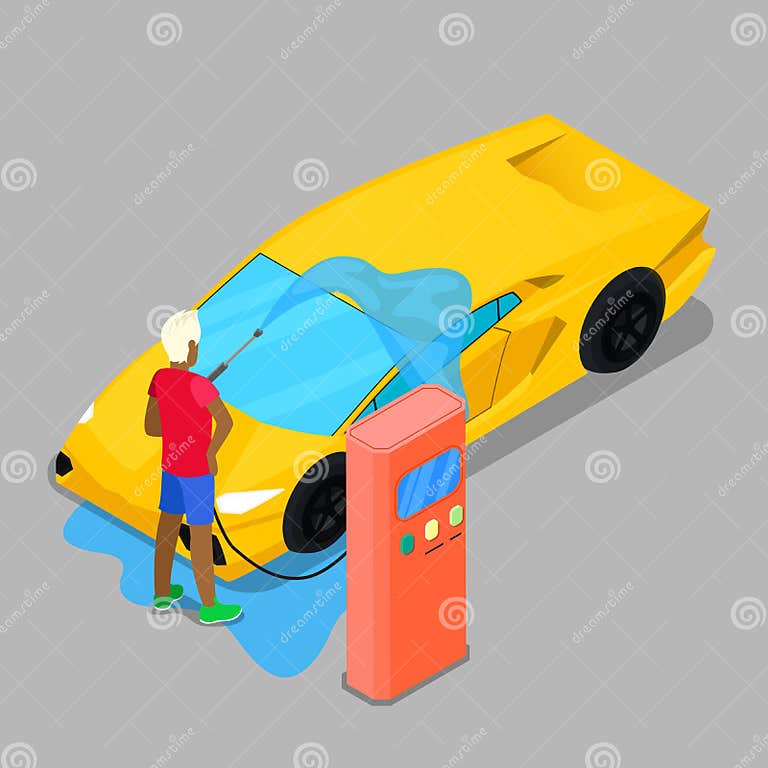 Isometric Hand Car Wash Driver Washing Car Stock Vector Illustration