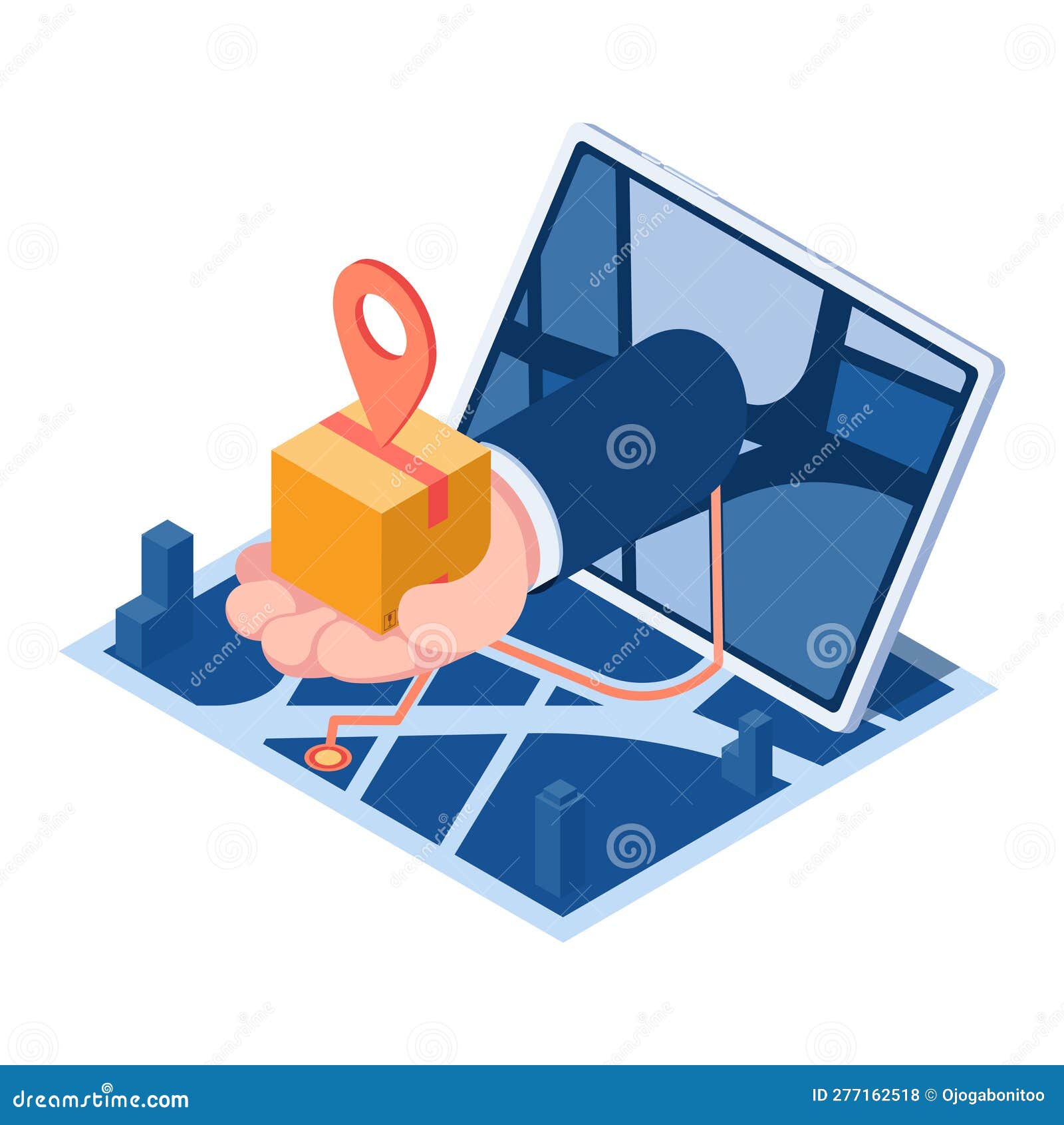 Isometric Big Hand Hinder Businessman From Finish Line And Trophy