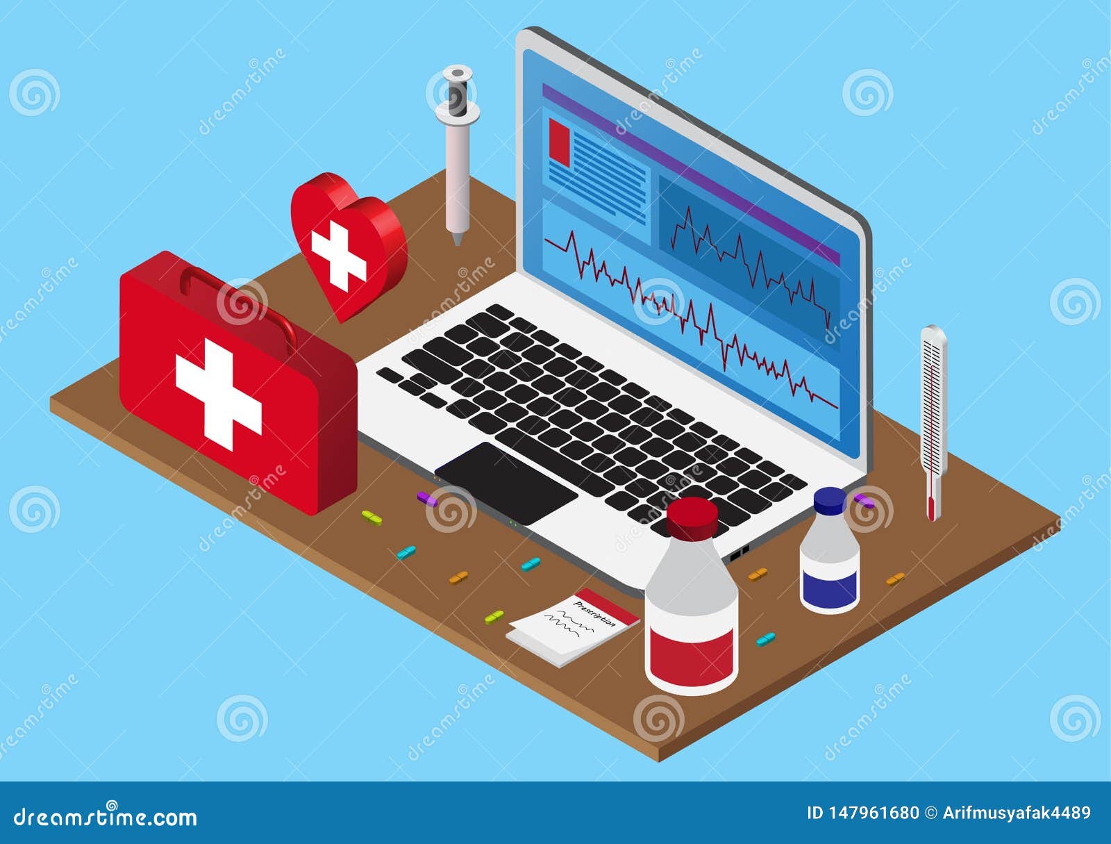Isometric Health Computer with First Aid Kit Stock Vector ...