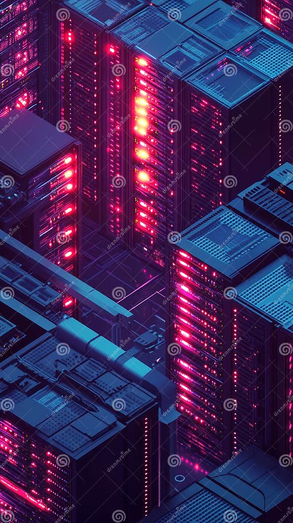 Isometric High-Tech Model of Modern Data Center with Neon Lights and ...
