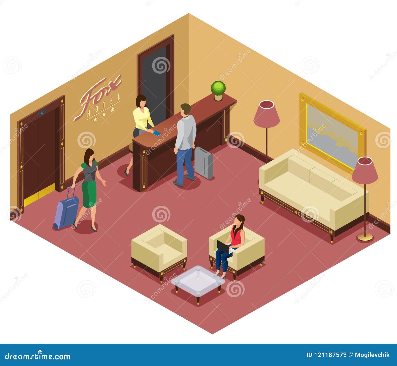 Isometric Hotel Reception Template Stock Vector - Illustration of ...