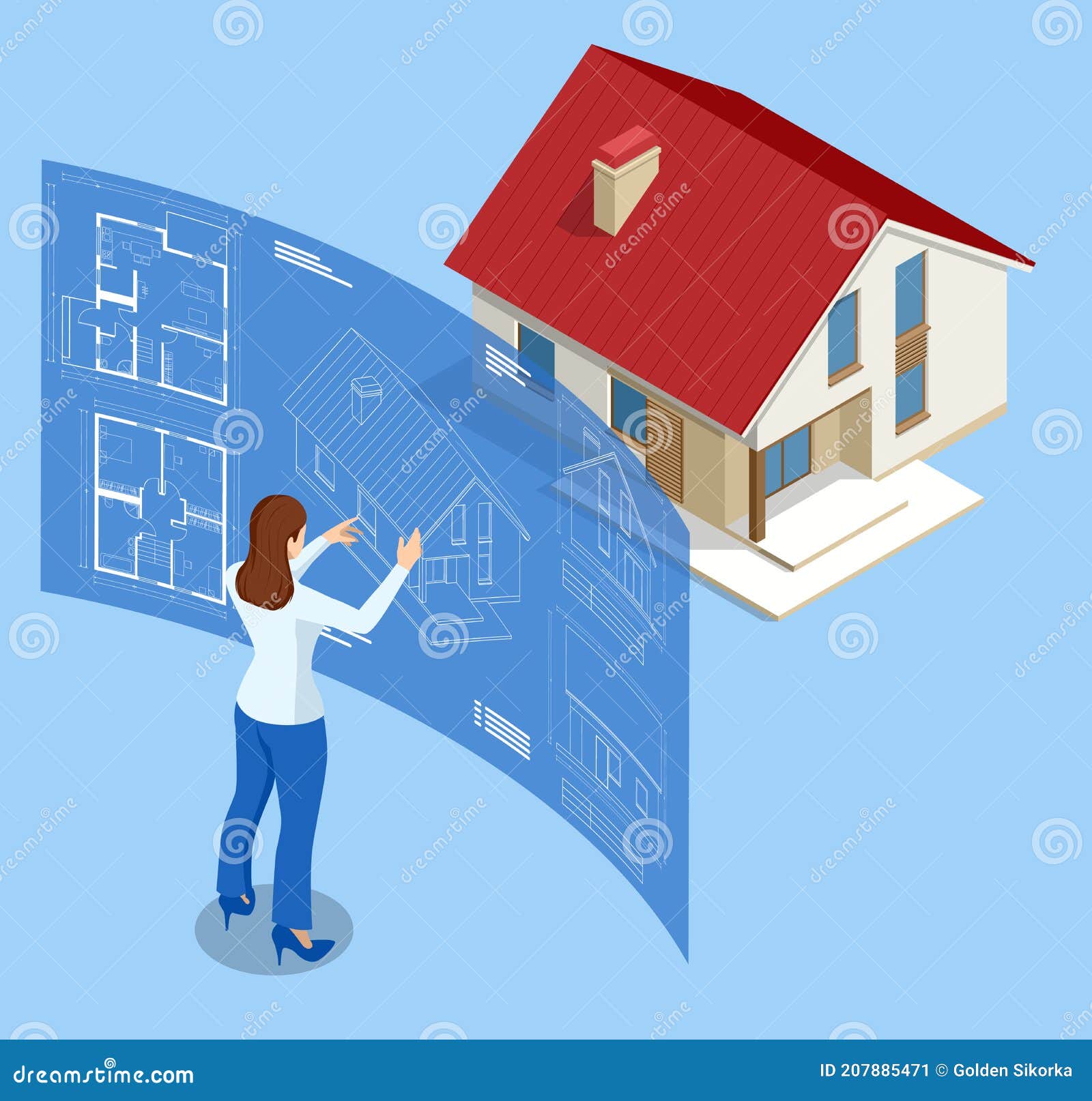 Isometric House Architectural Project. Virtual Interactive Interface ...
