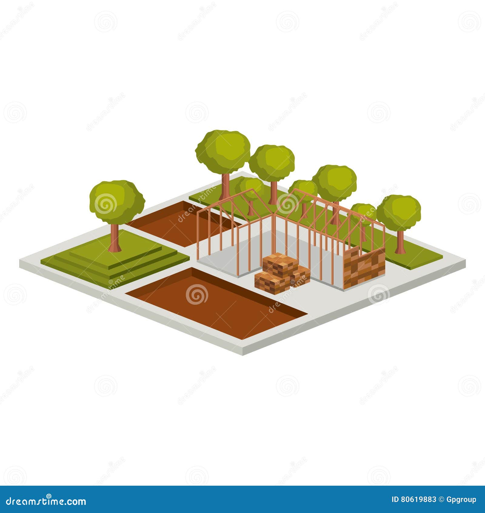 Isometric House Architecture Model and Trees Design Stock Vector ...