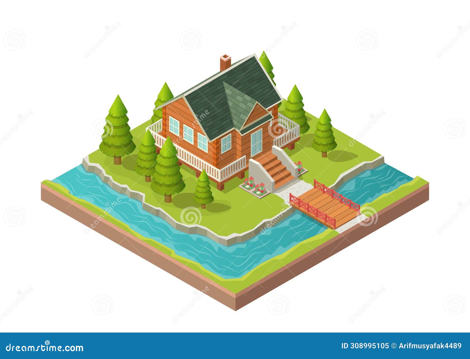 Isometric House with a Beautiful River Stock Vector - Illustration of ...