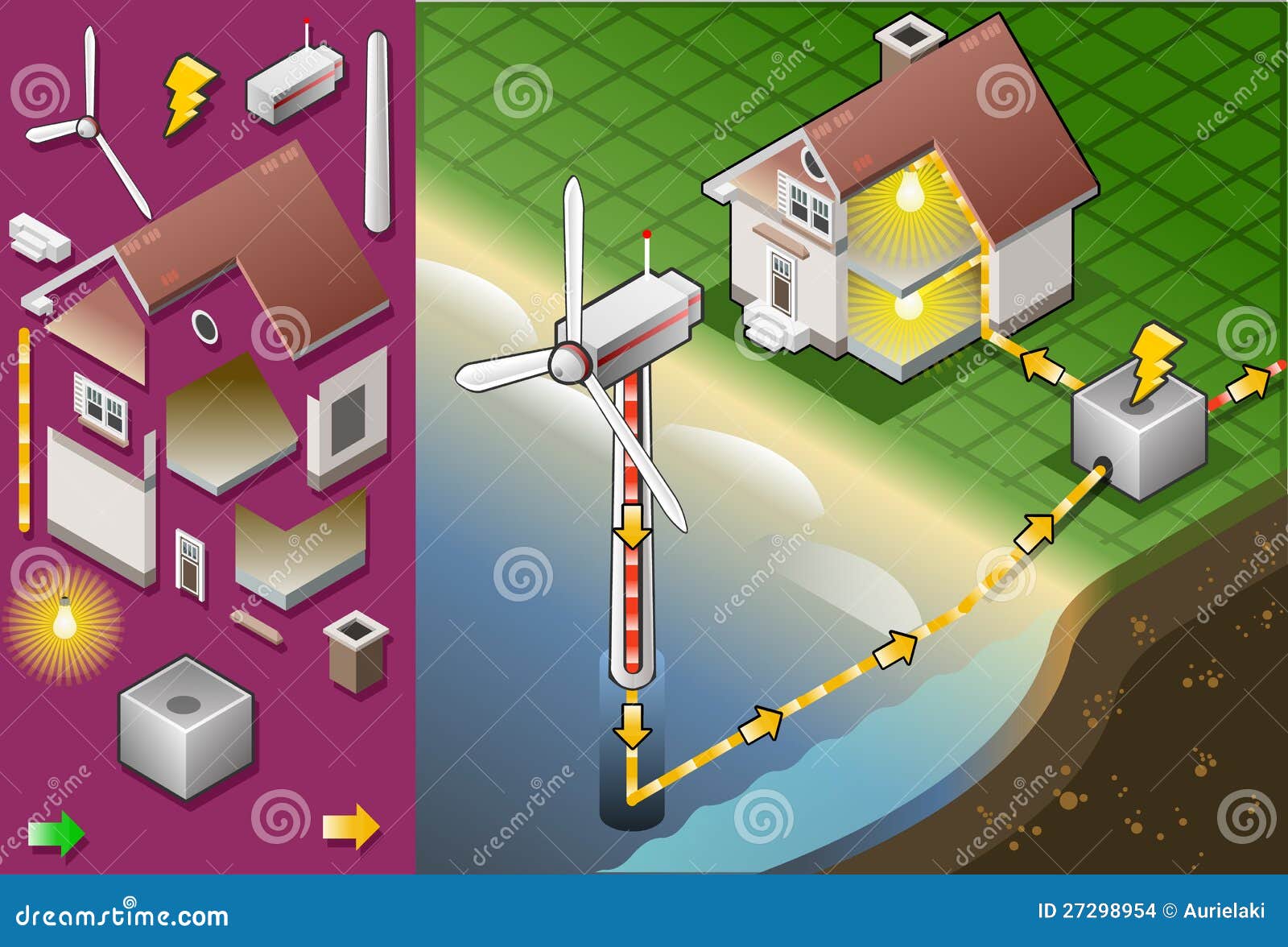 Isometric House with Offshore Wind Turbines Stock Vector - Illustration ...