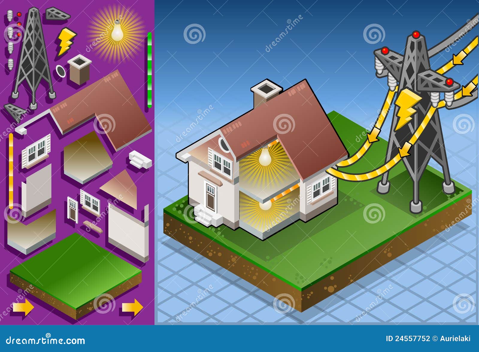 Isometric House Powered by Electrical Tower Stock Vector - Illustration ...