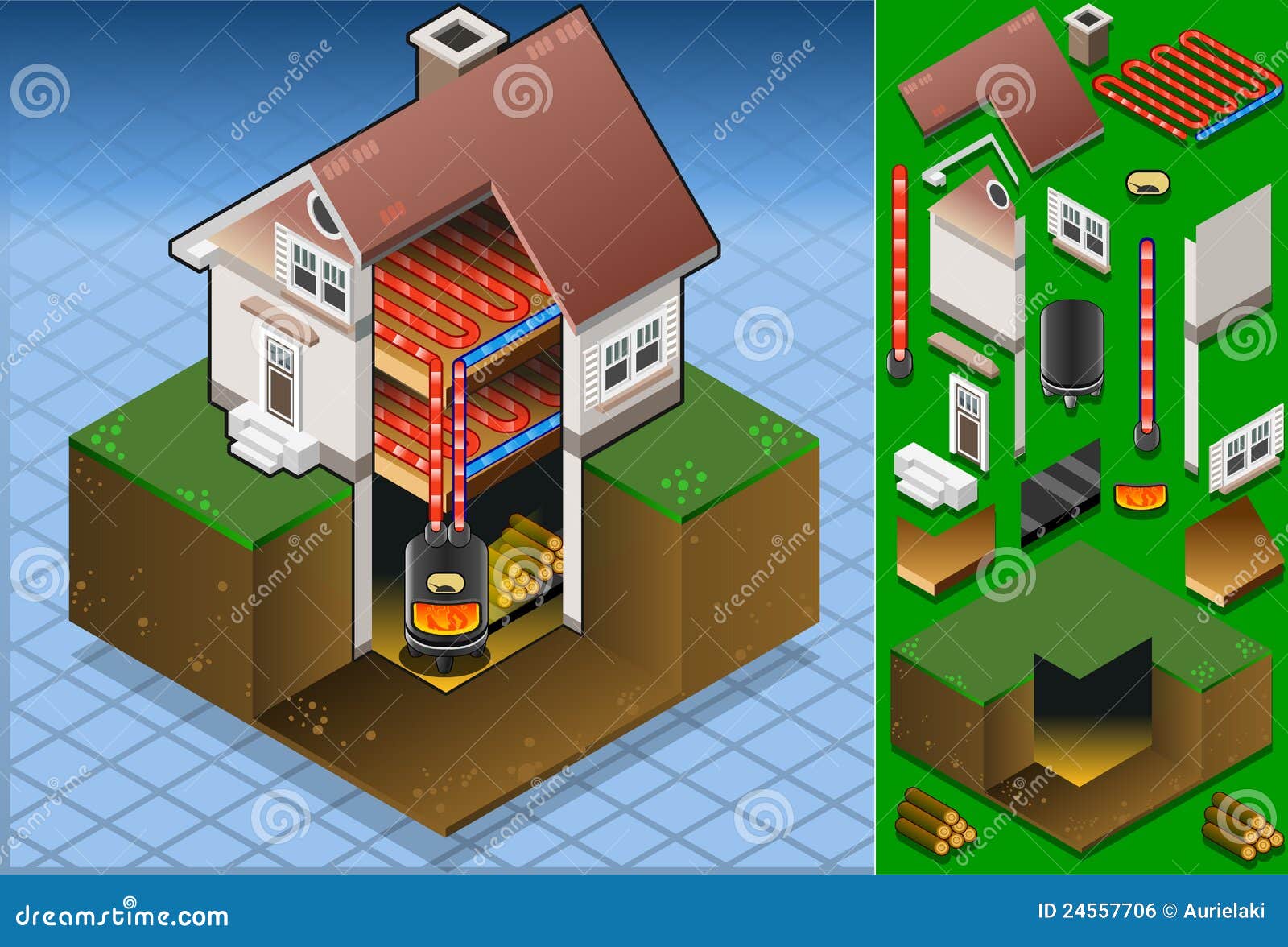 Isometric House with Wood Fired Boiler Stock Vector - Illustration of ...