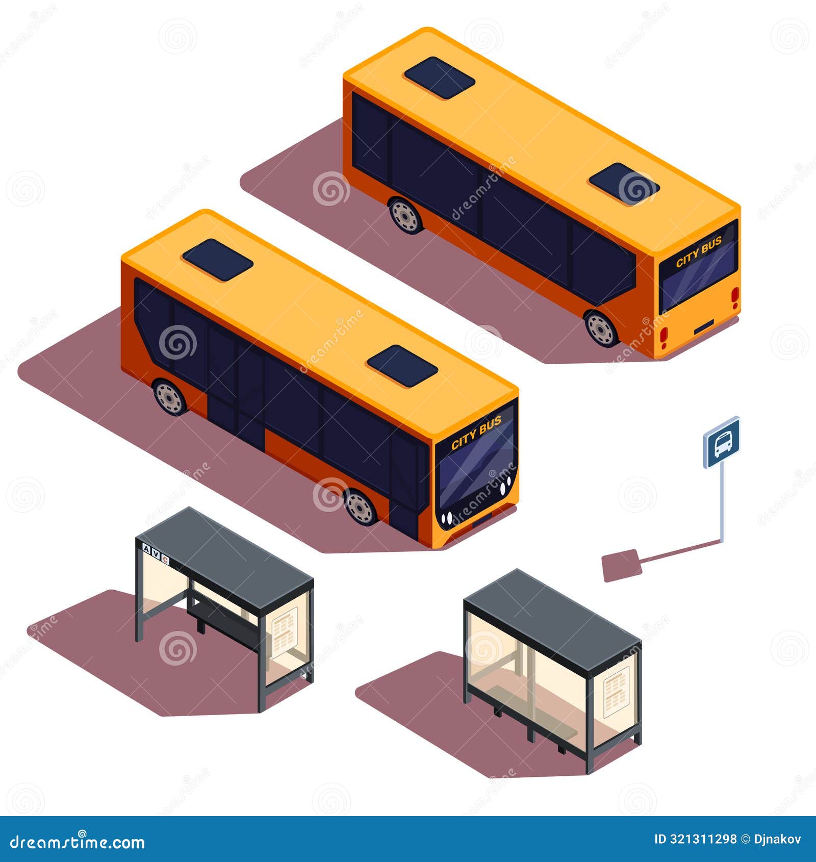 Isometric Icon Set of Buses and Bus Stops Stock Vector - Illustration ...