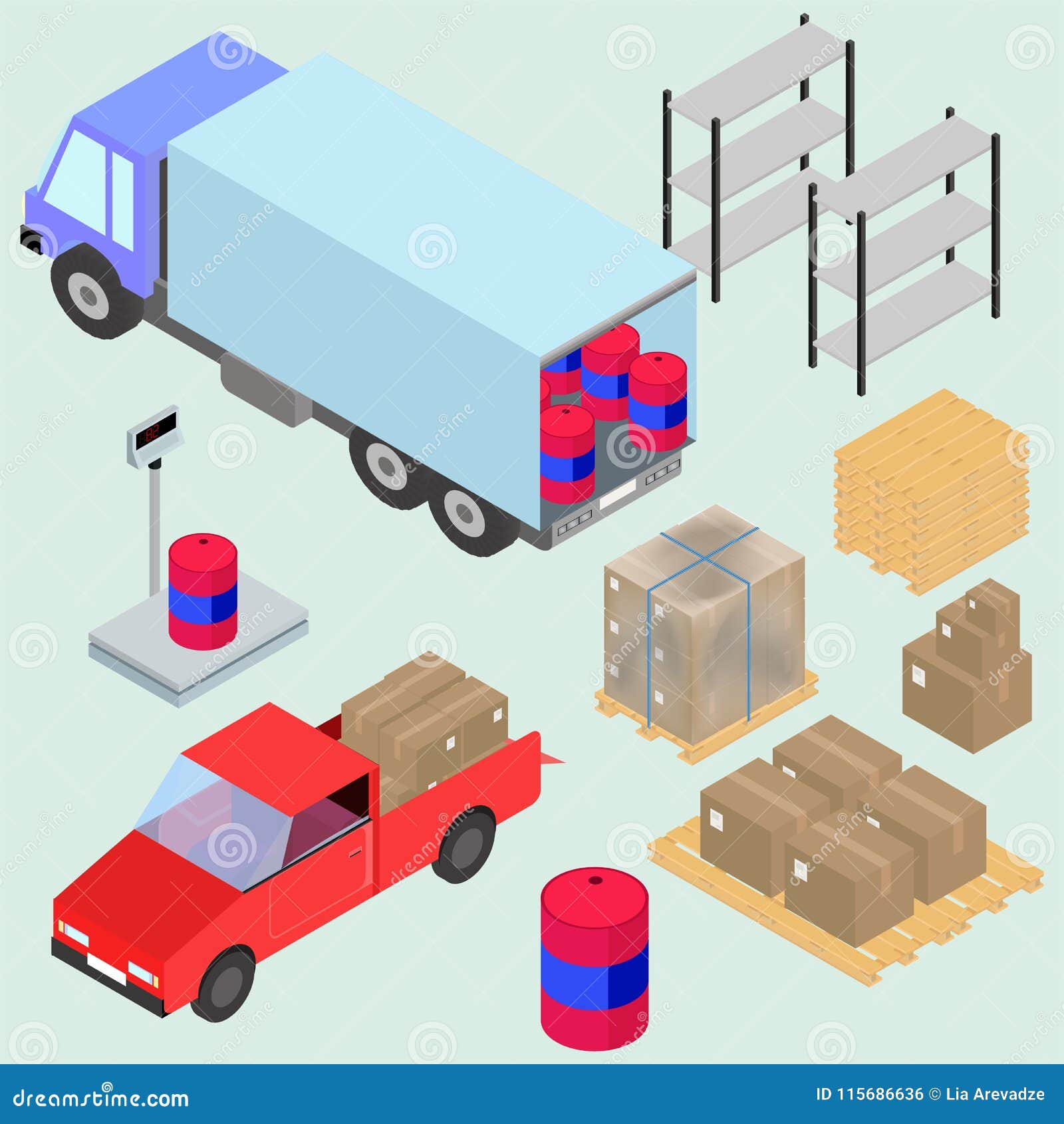 Isometric Icons Set of Logistics and Delivery, Scales, Boxes, Forklifts ...