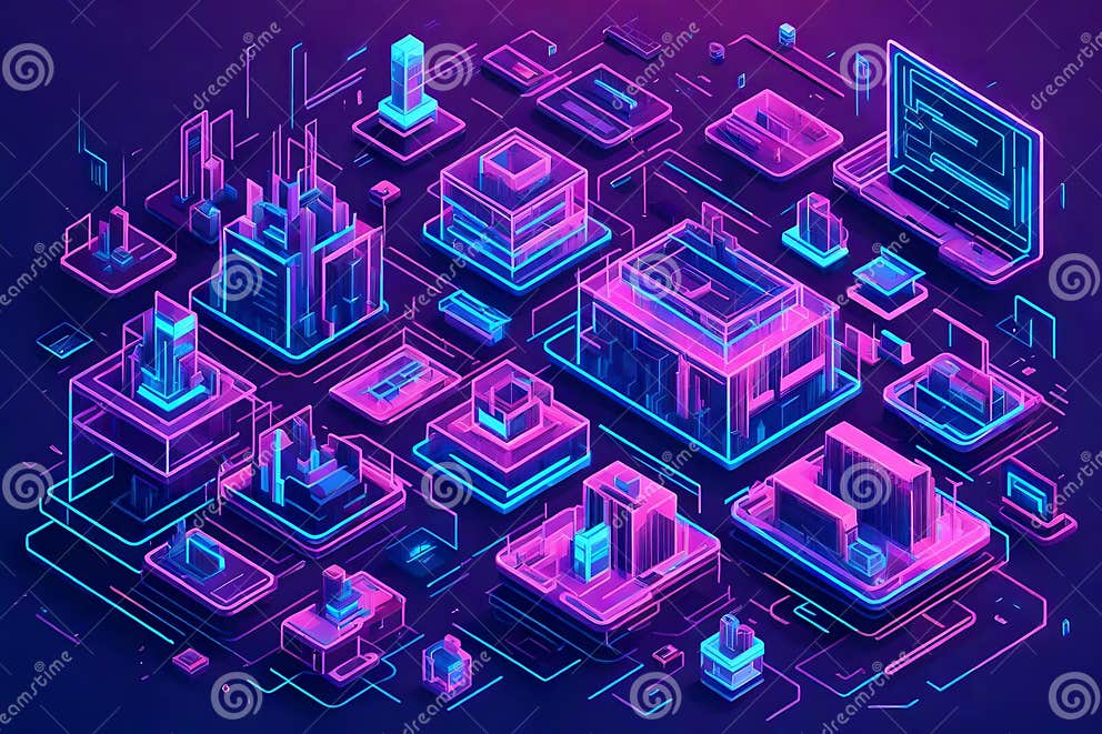 Isometric Illustration of Advanced Technology Set Against a Solid Blue ...