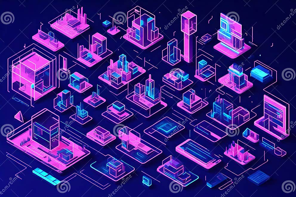 Isometric Illustration of Advanced Technology on a Solid Blue ...