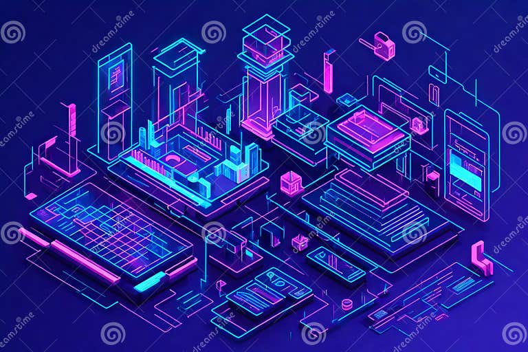 Isometric Illustration of Advanced Technology on a Solid Blue Background with Ray Tracing ...