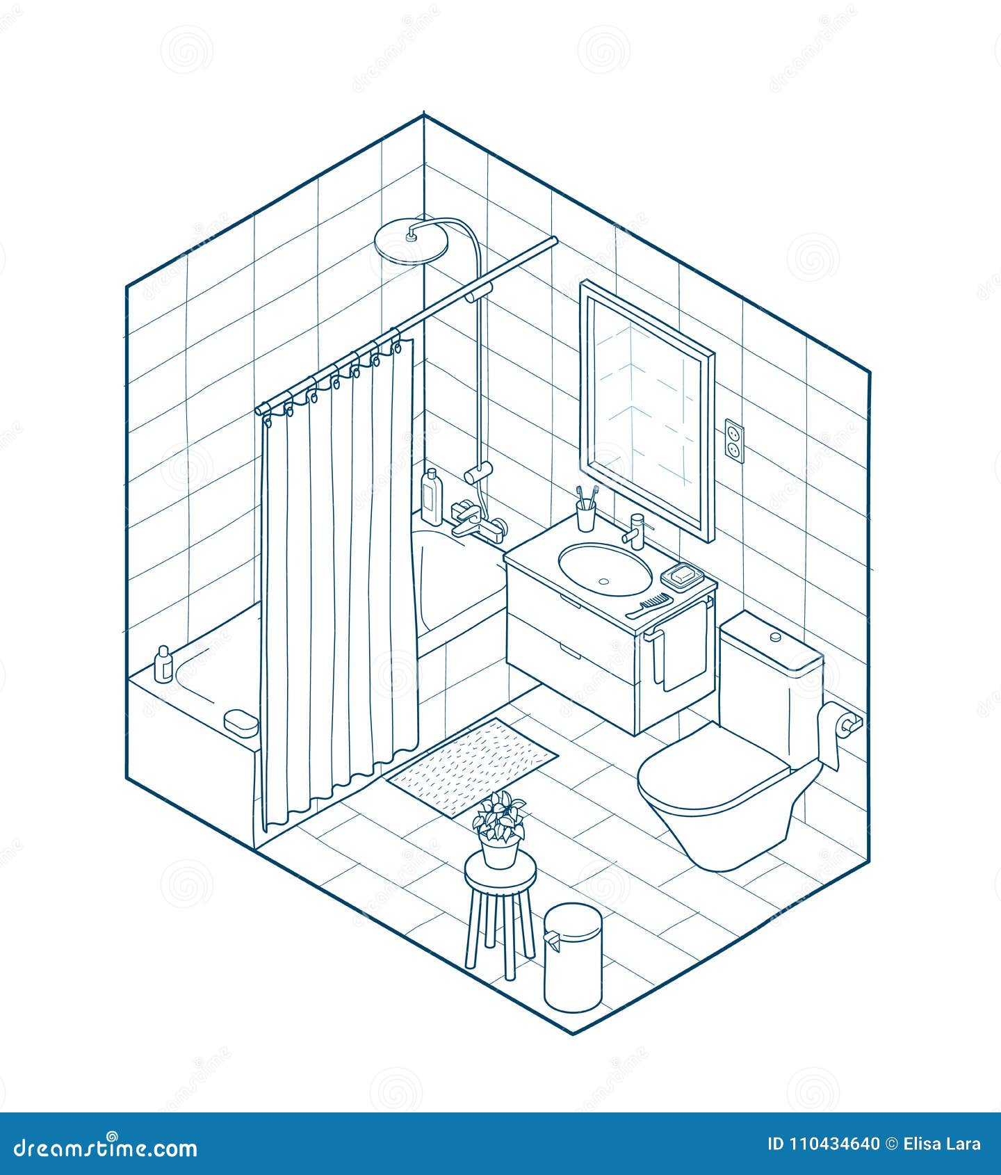 Isometric Illustration of Bathroom. Hand Drawn Interior View Stock ...