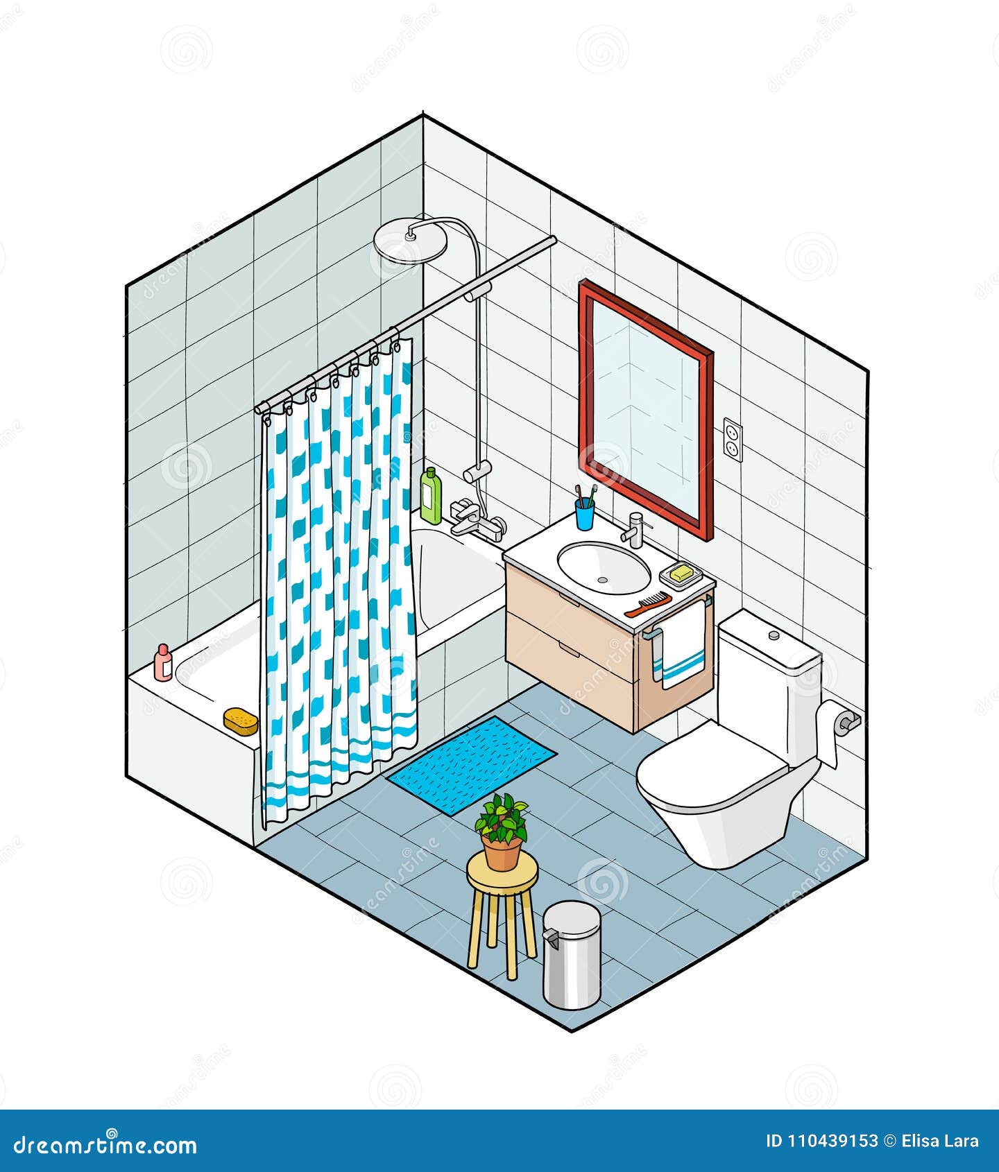 Isometric Illustration of Bathroom. Hand Drawn Interior View Stock ...