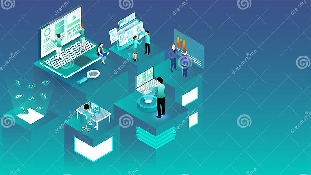 Isometric Illustration of Business People Working on Different ...