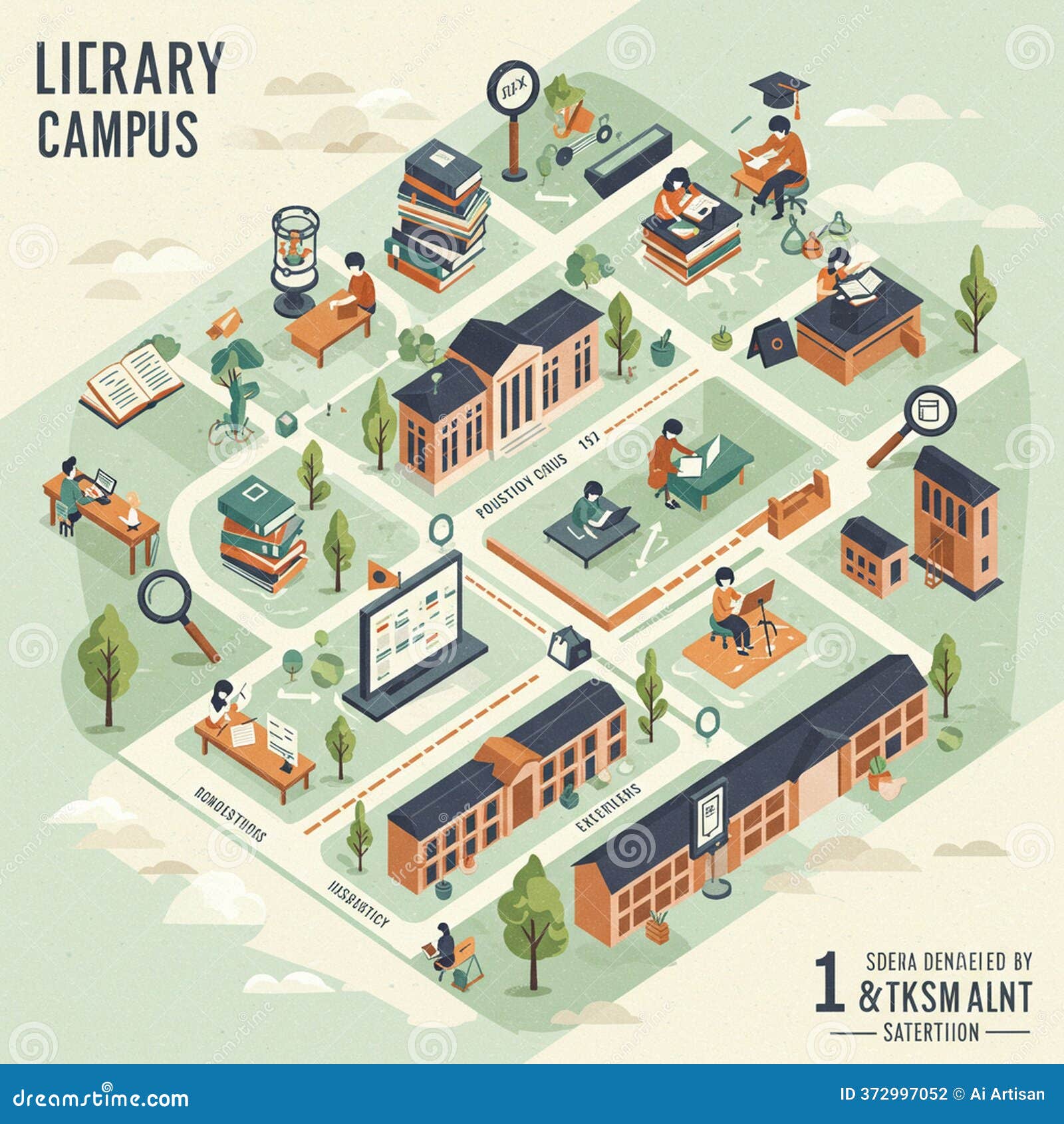 Stylized Campus Map Featuring Various Buildings And Facilities ...