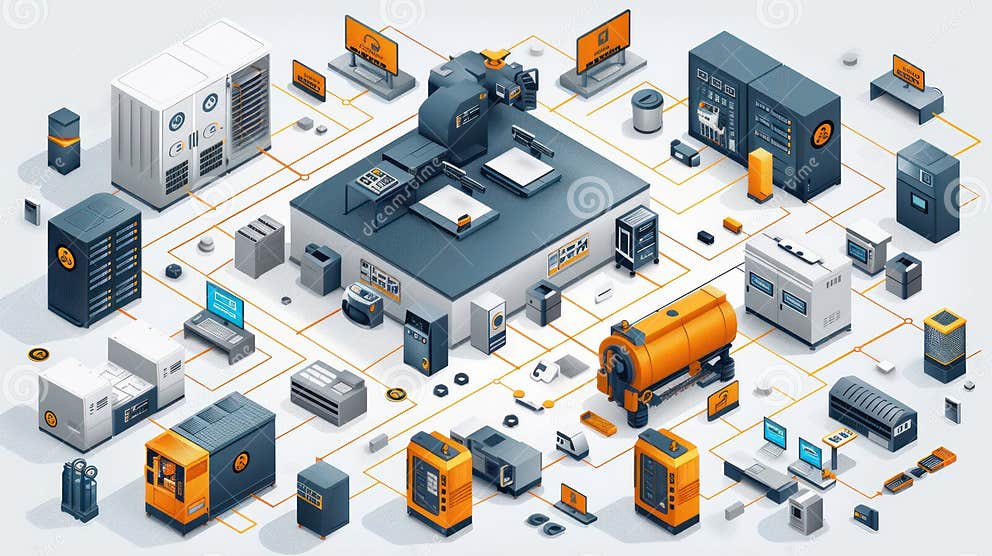Isometric Illustration of a Complex Network of Interconnected Machines ...