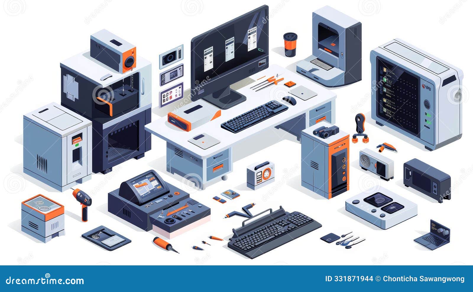Isometric Illustration of a Computer Desk with Various Technology and ...