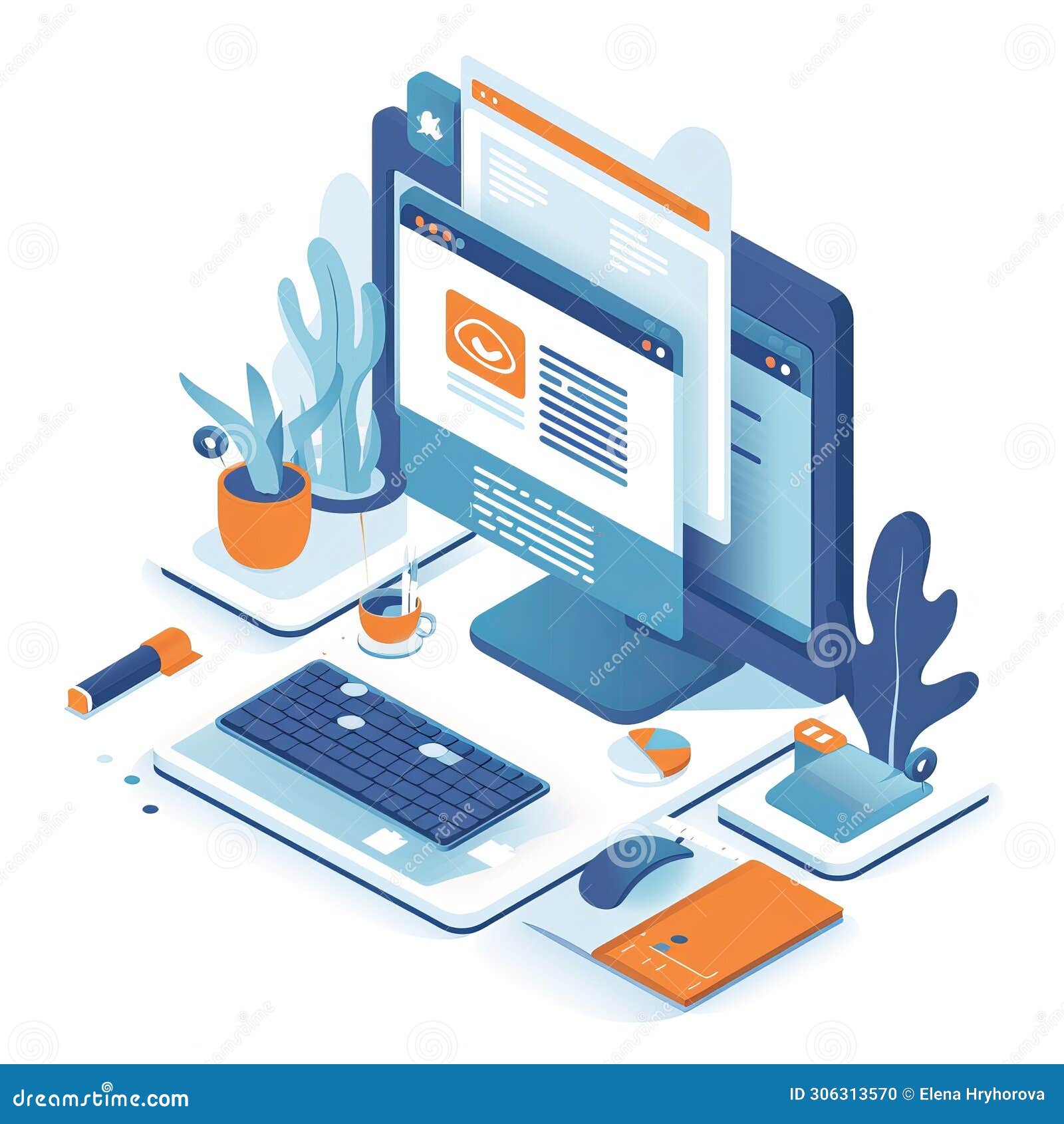 Isometric Illustration of a Computer Desktop with Open Web Pages ...